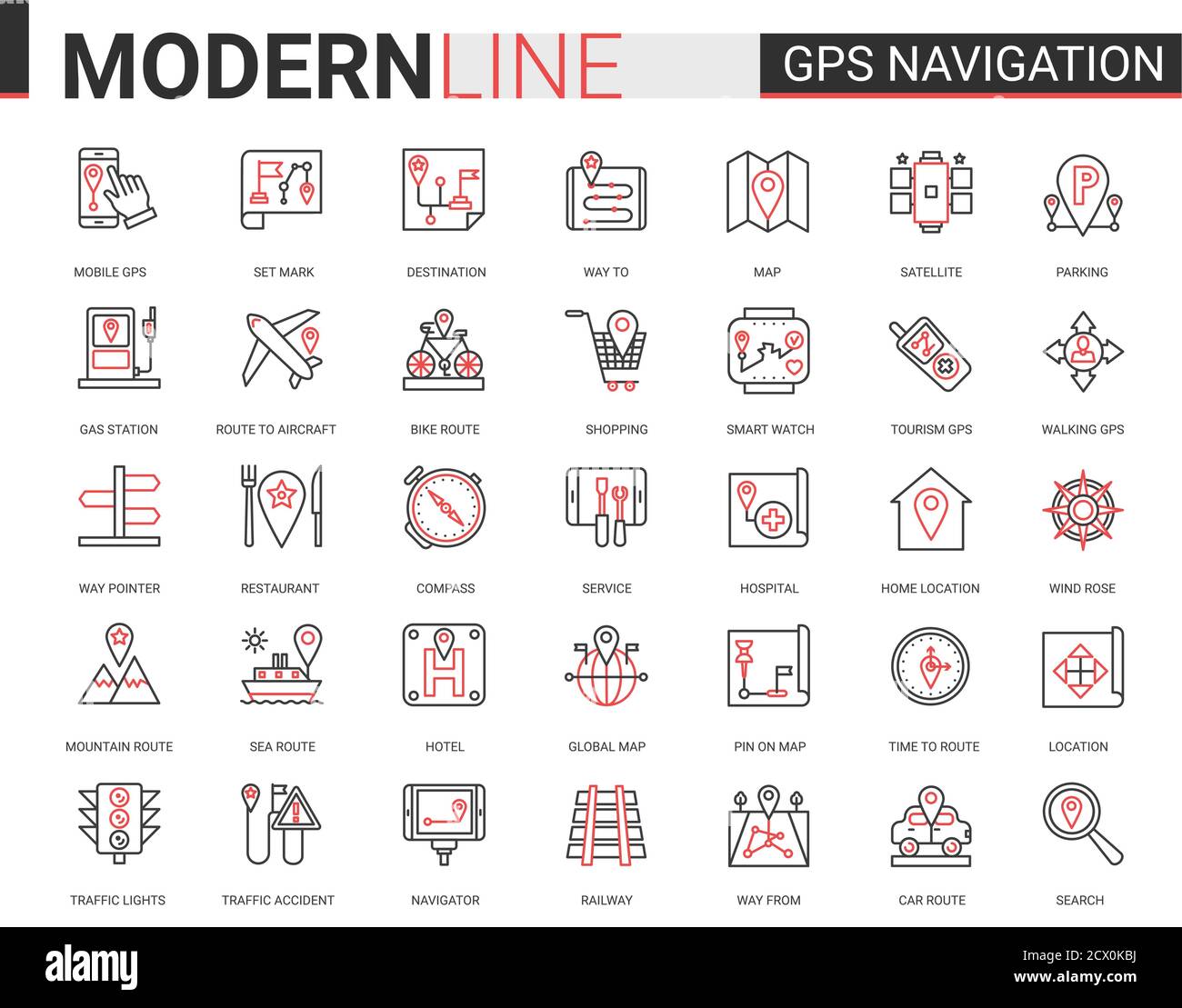 Gps Navigation Service Line Icon Vector Illustration Set Red Black