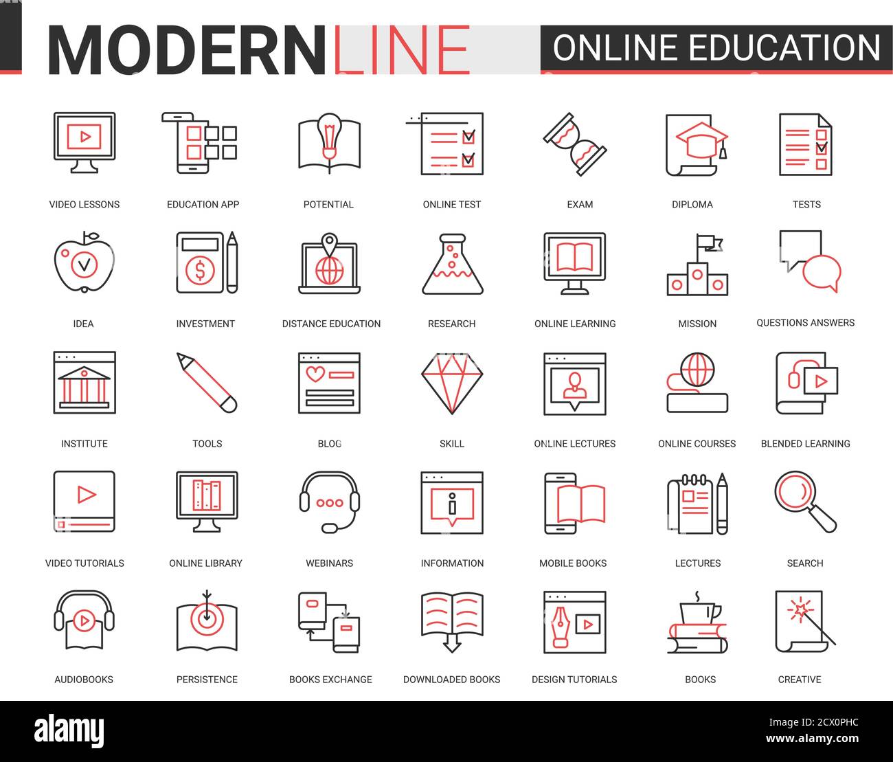 Online distance education flat thin red black line icons vector set ...