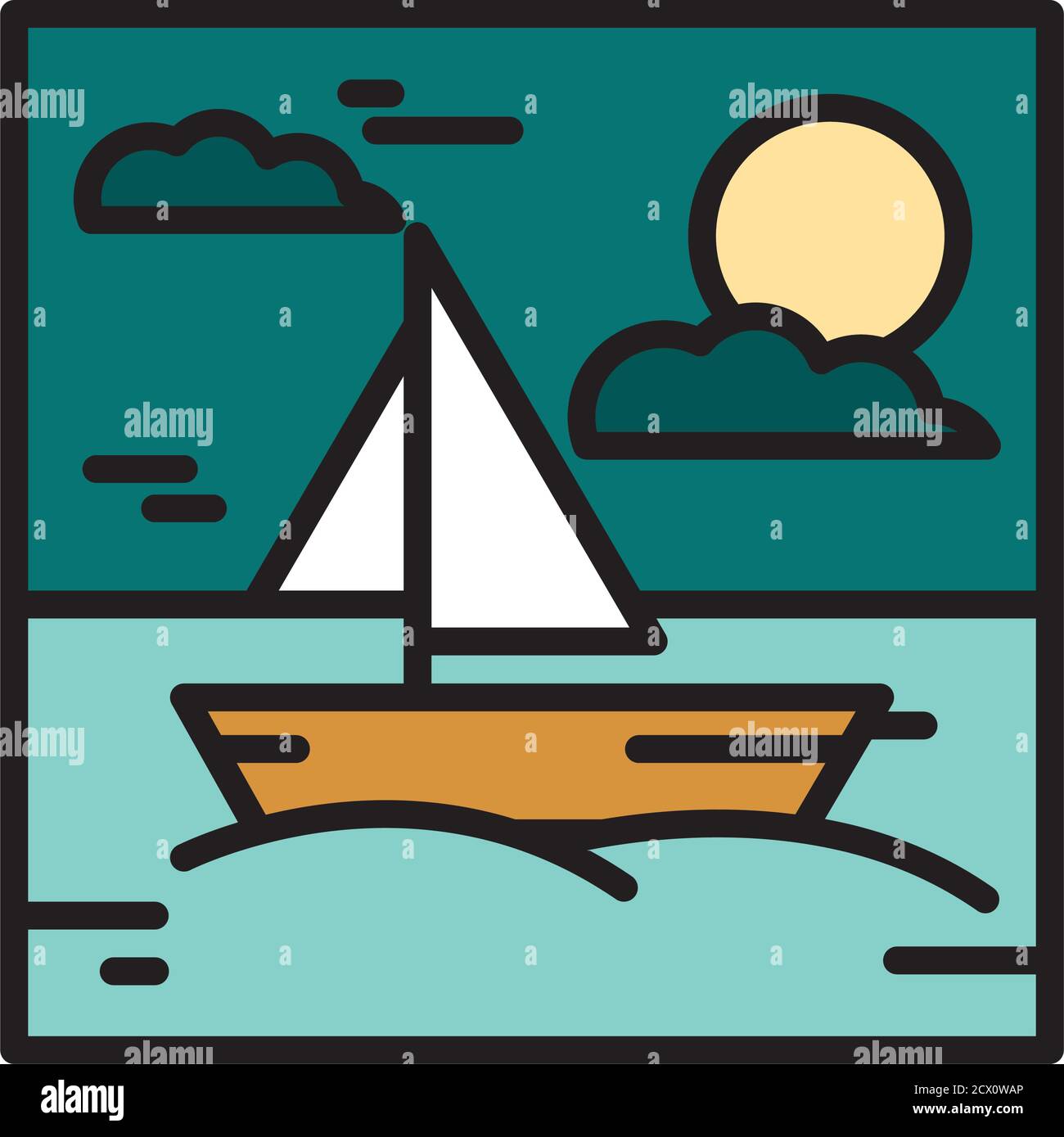 landscape sailboat ocean sky clouds sun cartoon line and fill style ...
