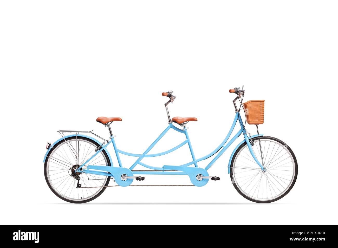 Studio shot of a blue tandem twin bicycle isolated on white background ...