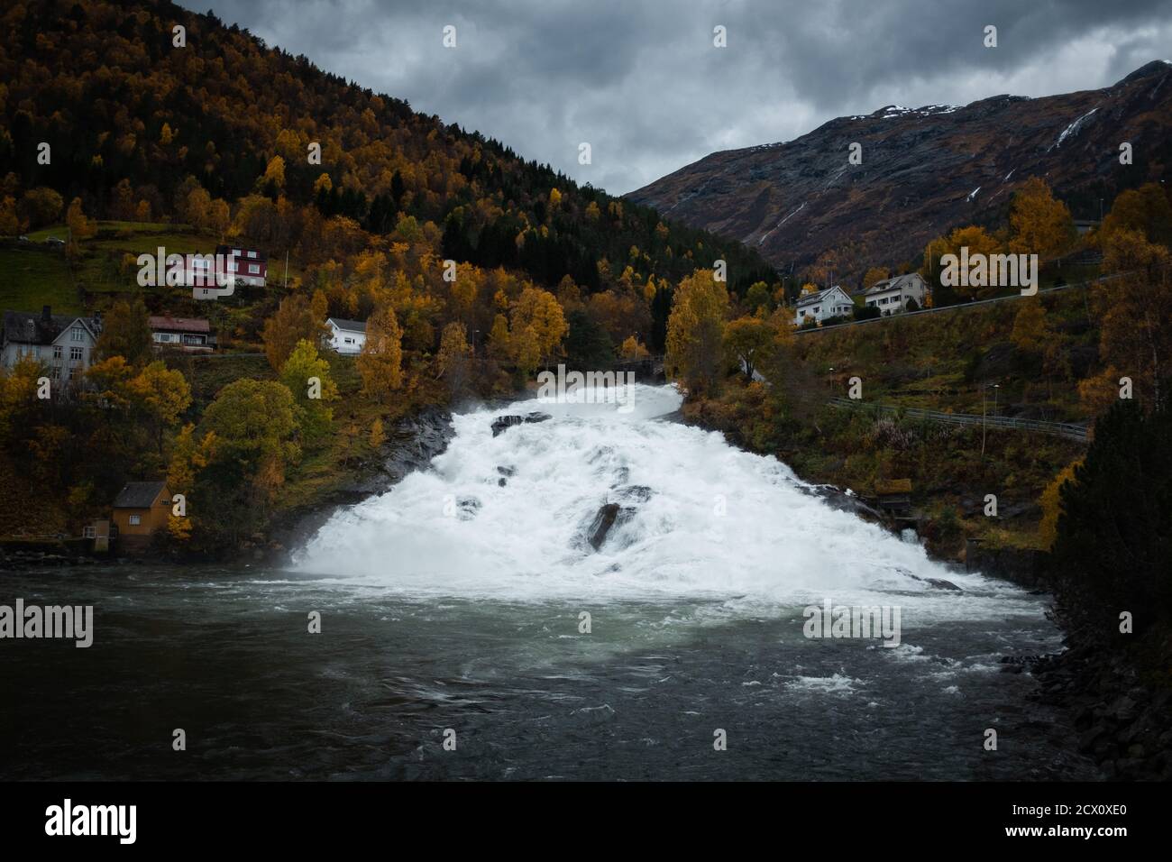 Hellesylt village Norway landscape panorama with village and river ...