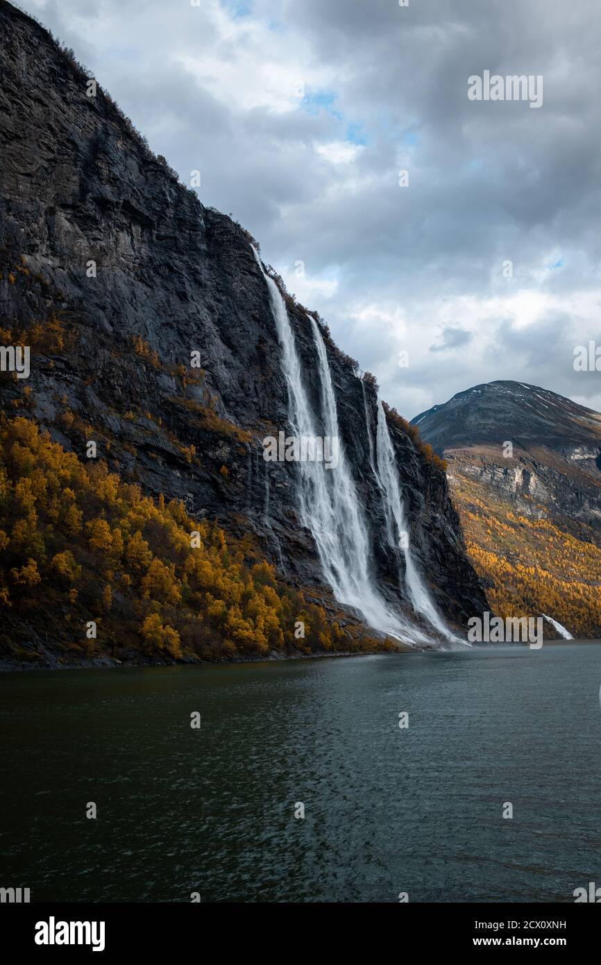 Seven Sisters Waterfall Geirangerfjord Norway. Side view. Long shot ...