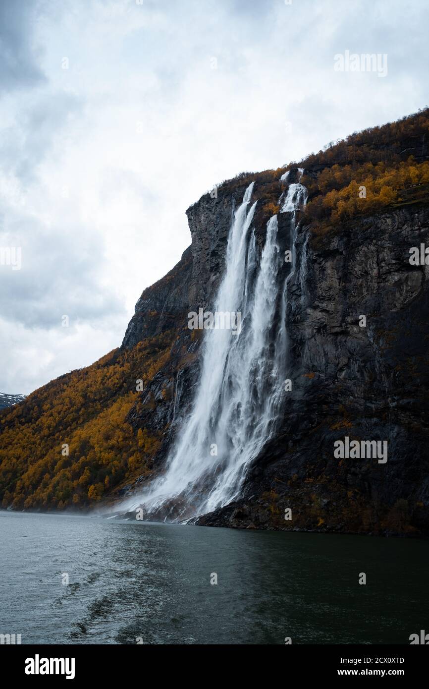 Seven Sisters Waterfall Geirangerfjord Norway. Side view. Long shot ...