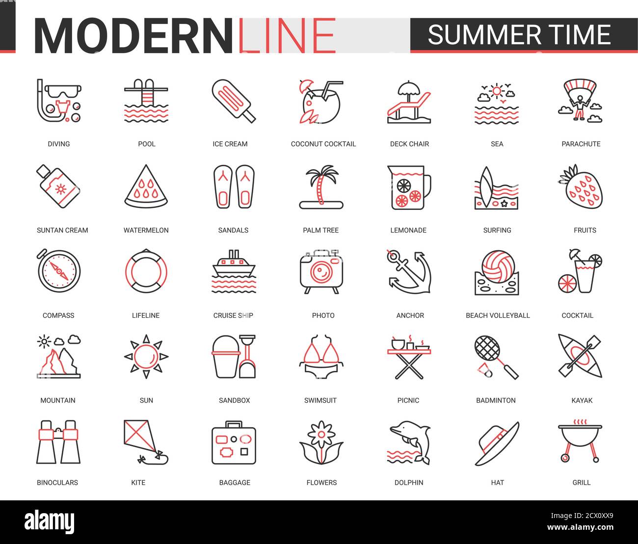 Summer time vacation thin red black line icon vector illustration set ...