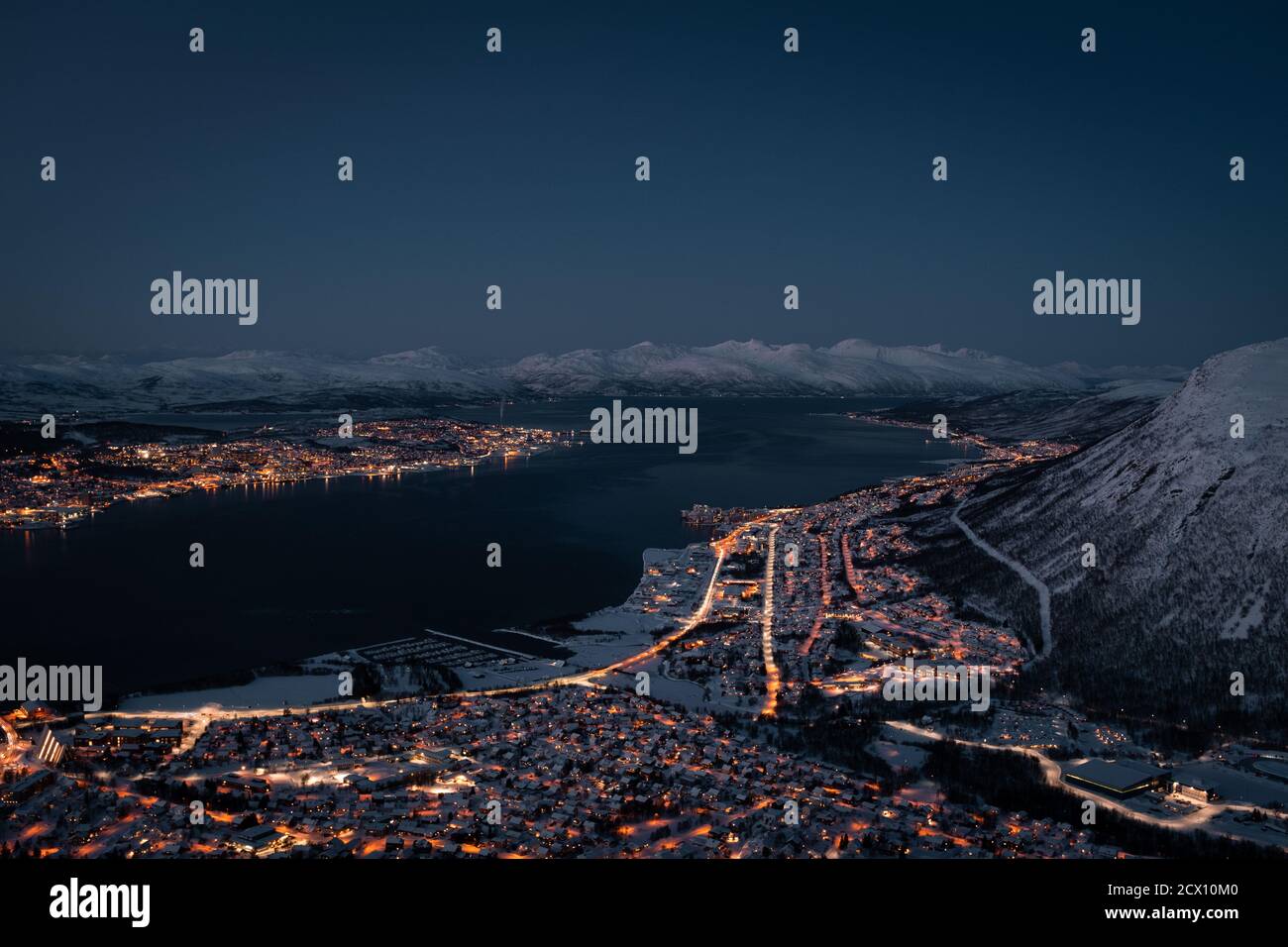 Illuminated Tromsø Norway Night. Cityscape. Aerial view. Panoramic ...