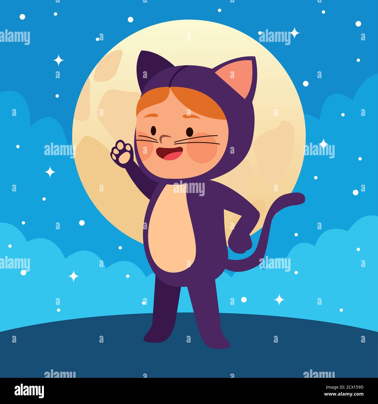 cute little girl dressed as a cat and moon night character vector ...