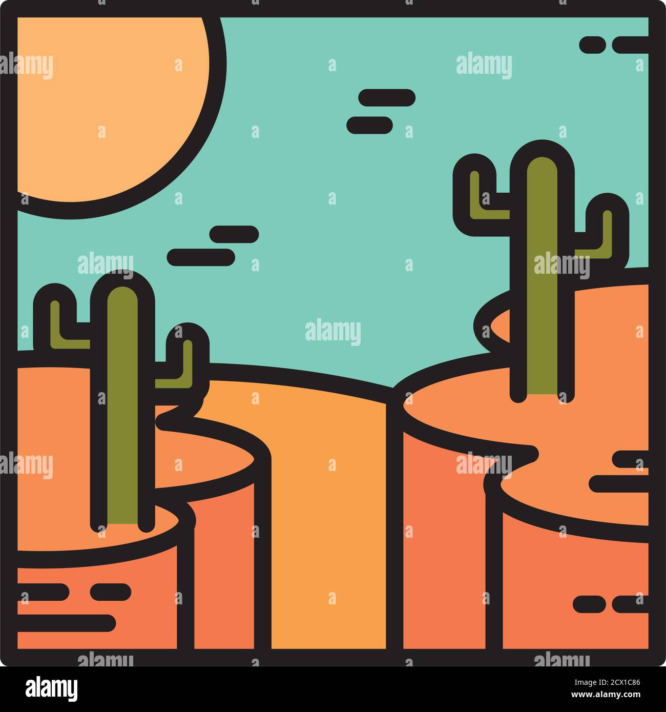 landscape desert with rocky canyon cactus sun cartoon line and fill ...