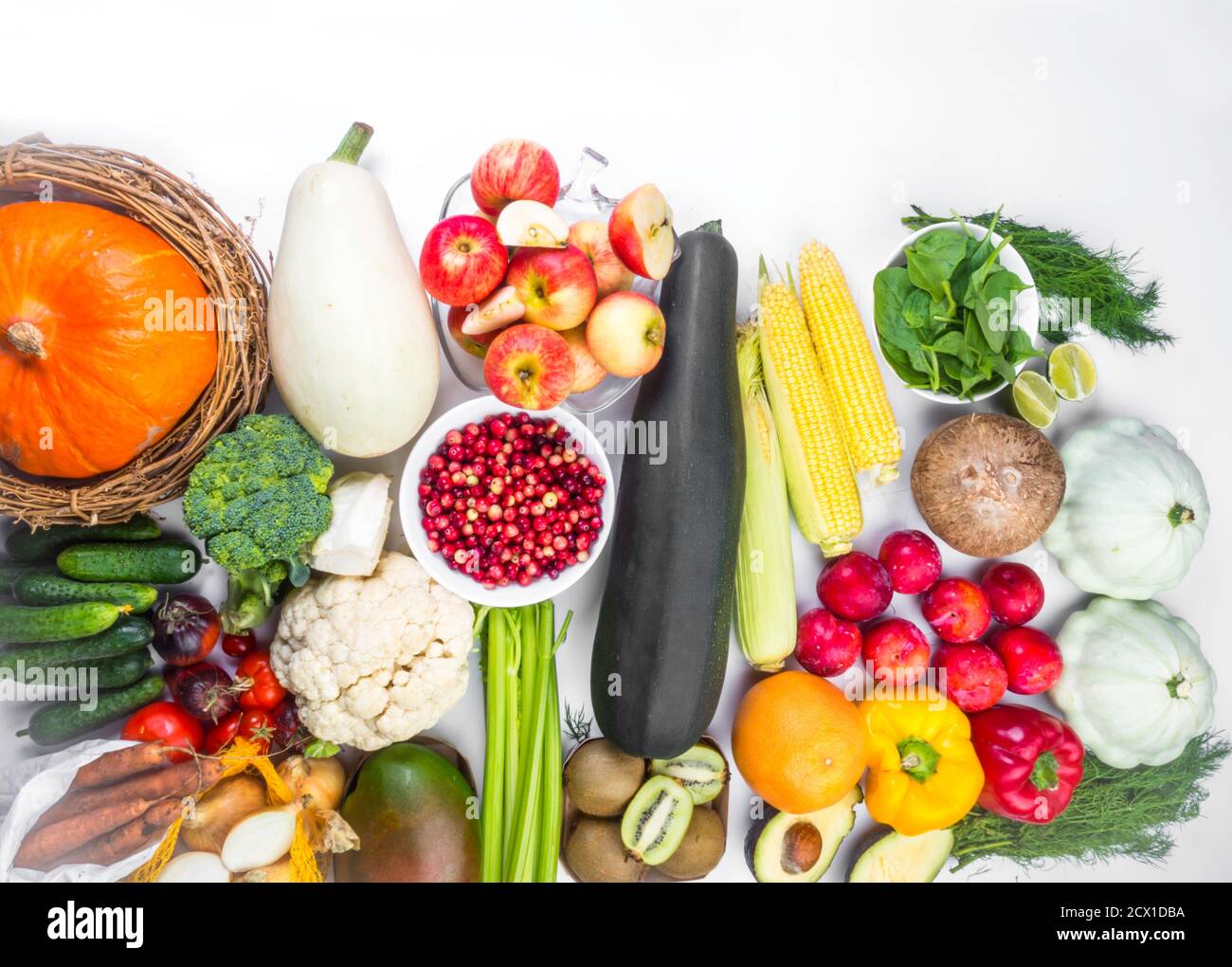 Composition with assortment of colorful organic vegetables and fruit ...