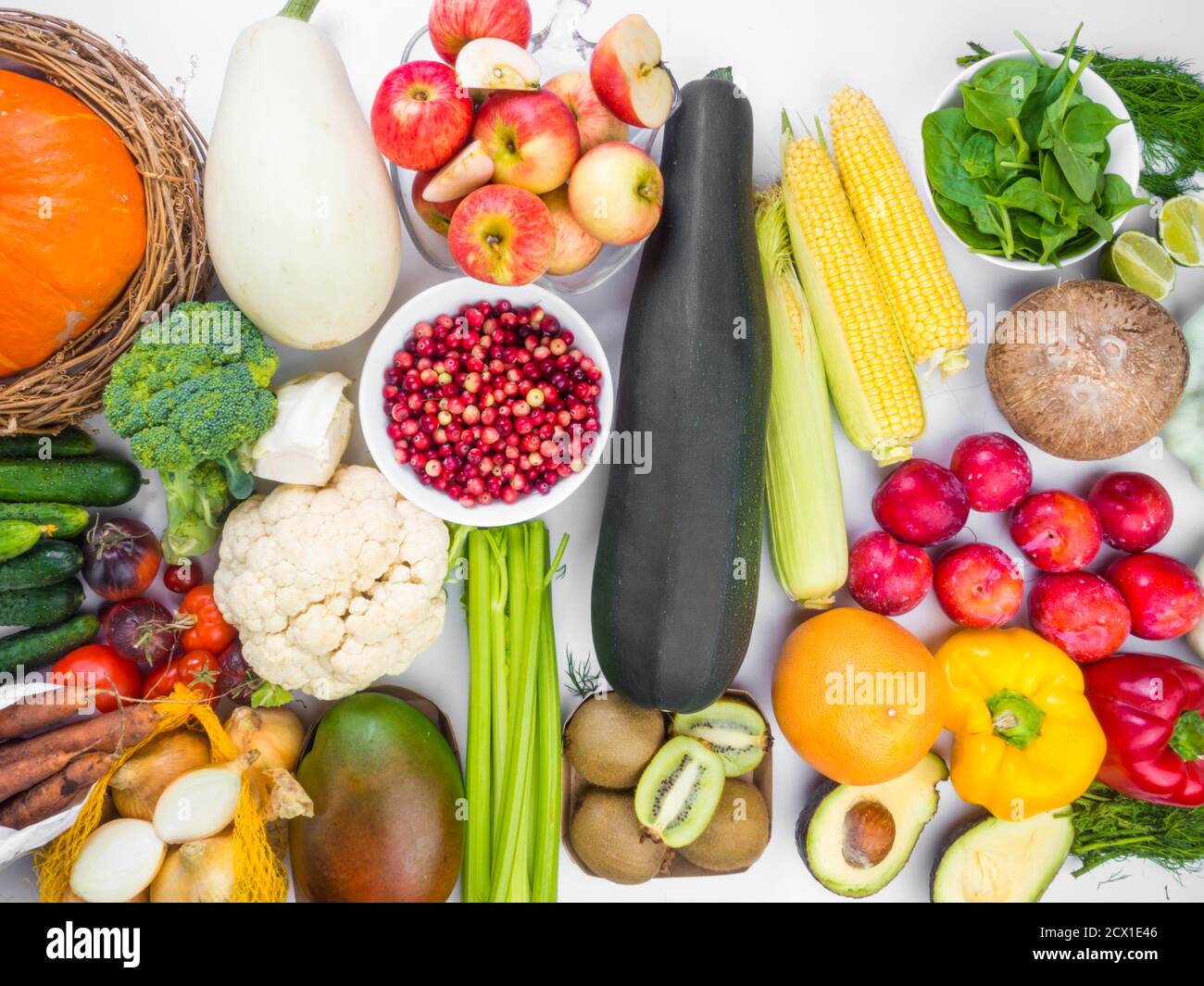 Composition with assortment of colorful organic vegetables and fruit ...