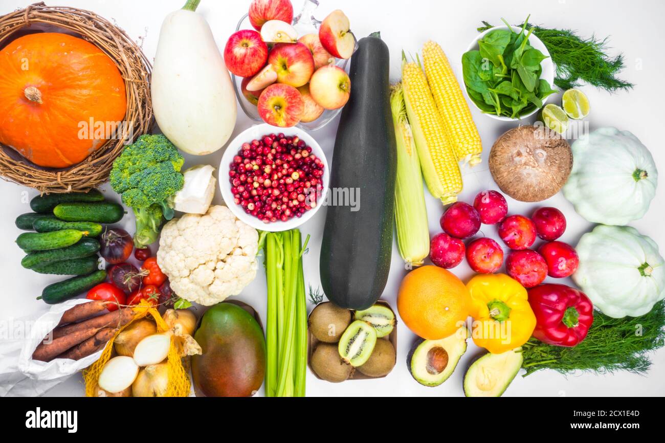 Composition with assortment of colorful organic vegetables and fruit ...