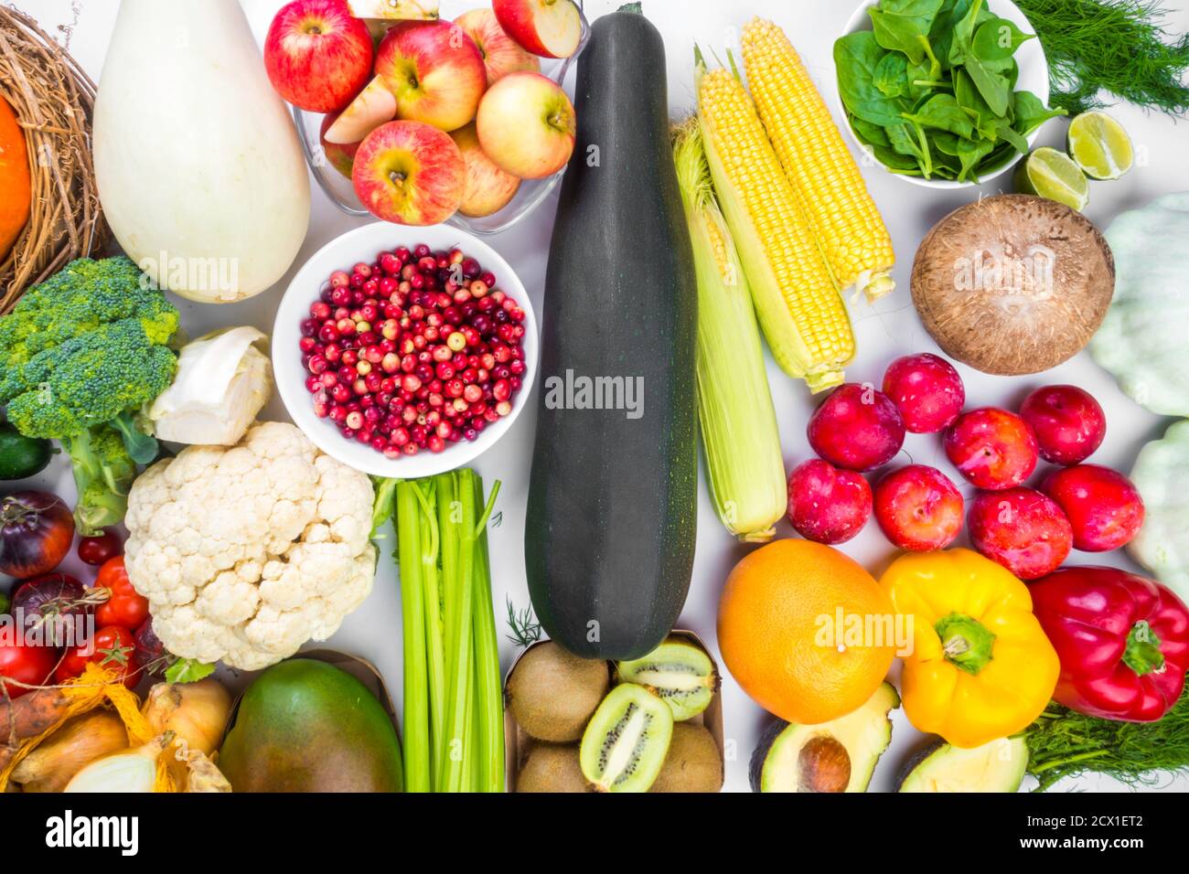 Composition with assortment of colorful organic vegetables and fruit ...