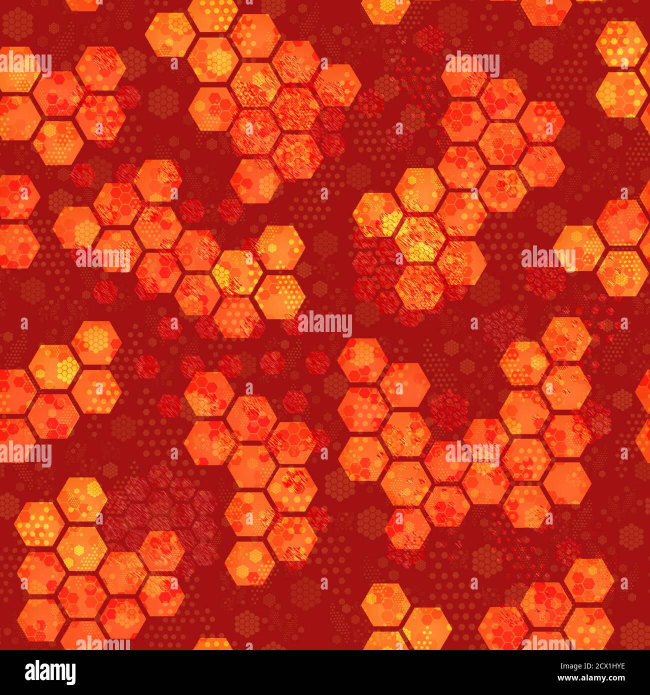 Illustration with hexagonal patterns in dark red and orange colors for ...