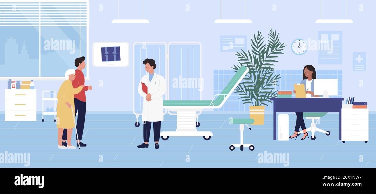 Traumatology checkup vector illustration. Cartoon old woman patient and ...