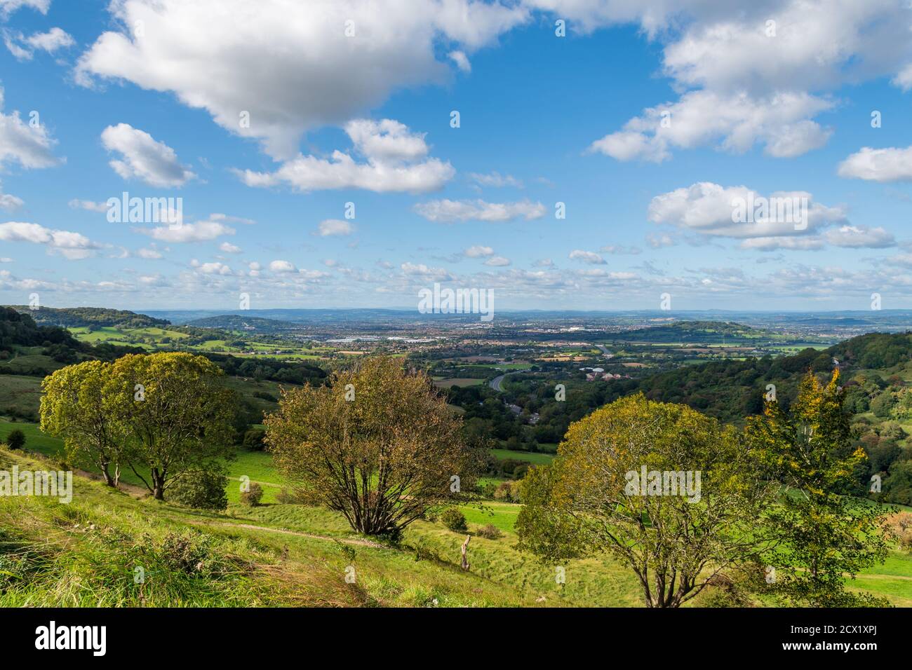 View from Birdlip Viewpoint car park at the top of the Cotswold Hills ...