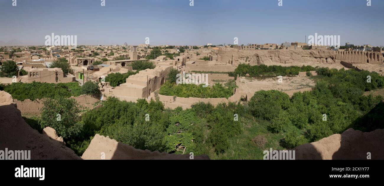 Panoramic image of ancient Meybod, Iran. Seen from Narenj (Narin ...