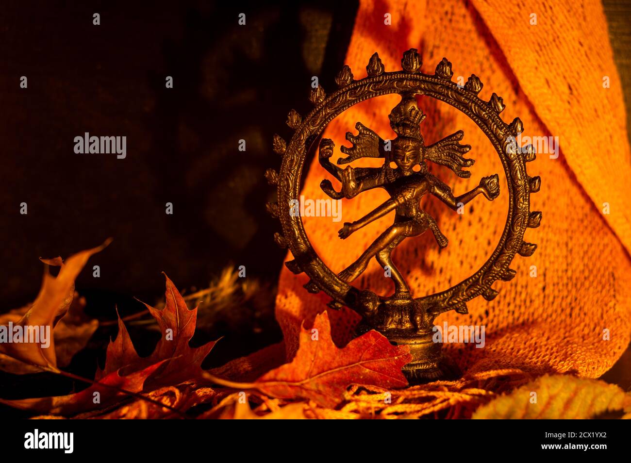 Close-up of a copper figurine of Shiva surrounded by autumn leaves and ...