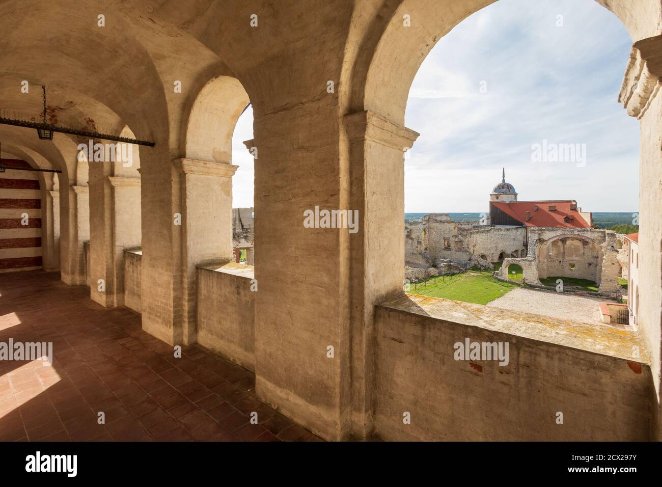 Janowiec Castle. View of the terrace with arches. Renaissance castle ...