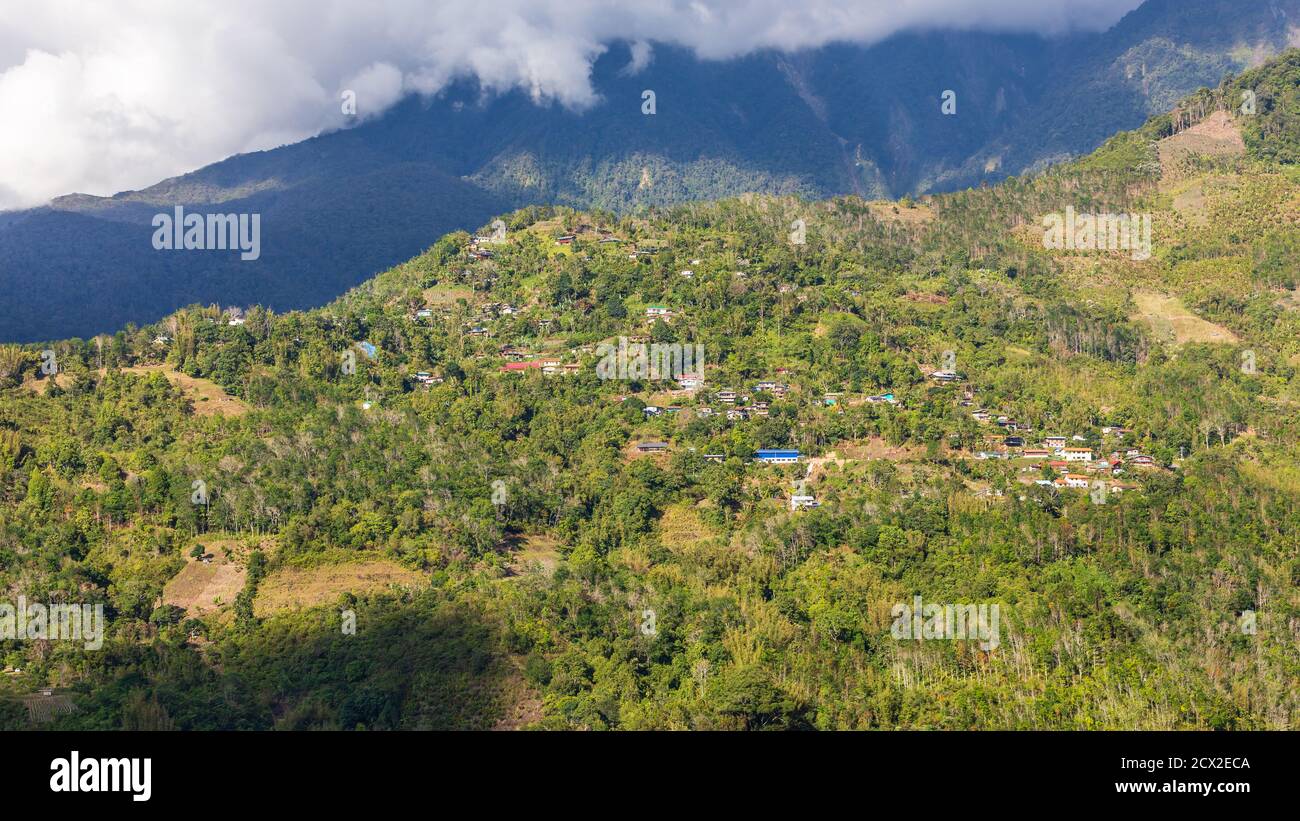 Remote view of Kg. Kiau a mountain village in the Kota Belud District ...