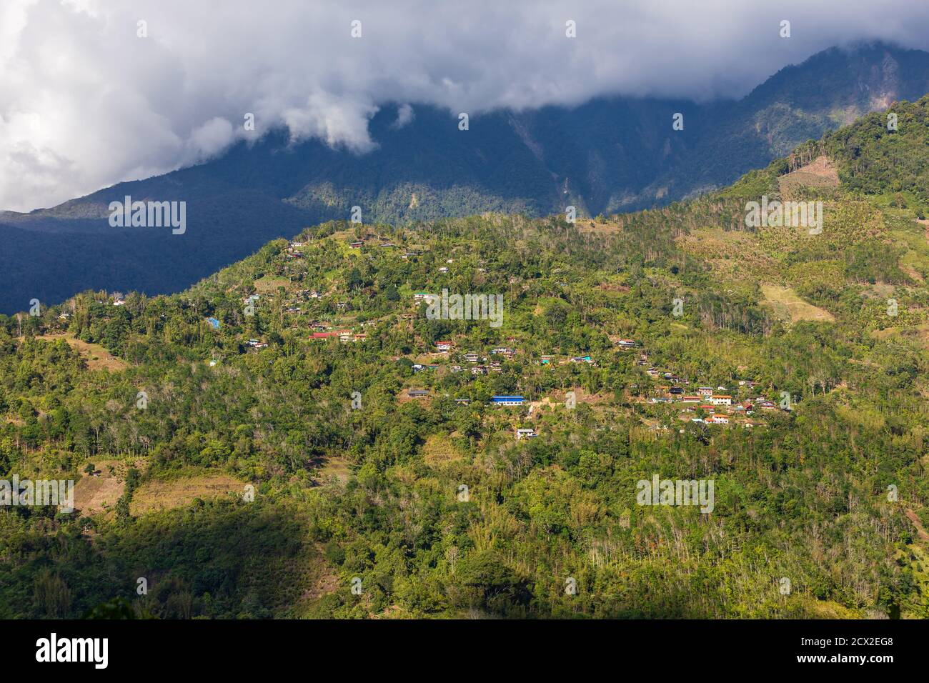 Remote view of Kg. Kiau a mountain village in the Kota Belud District ...