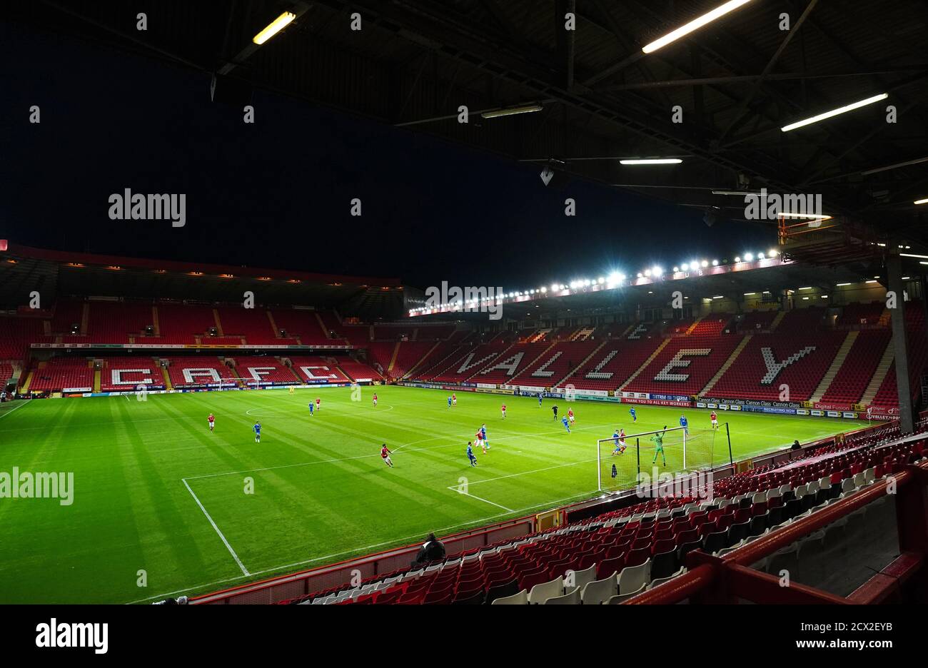 A general view of play in front of empty stands during the EFL Trophy ...