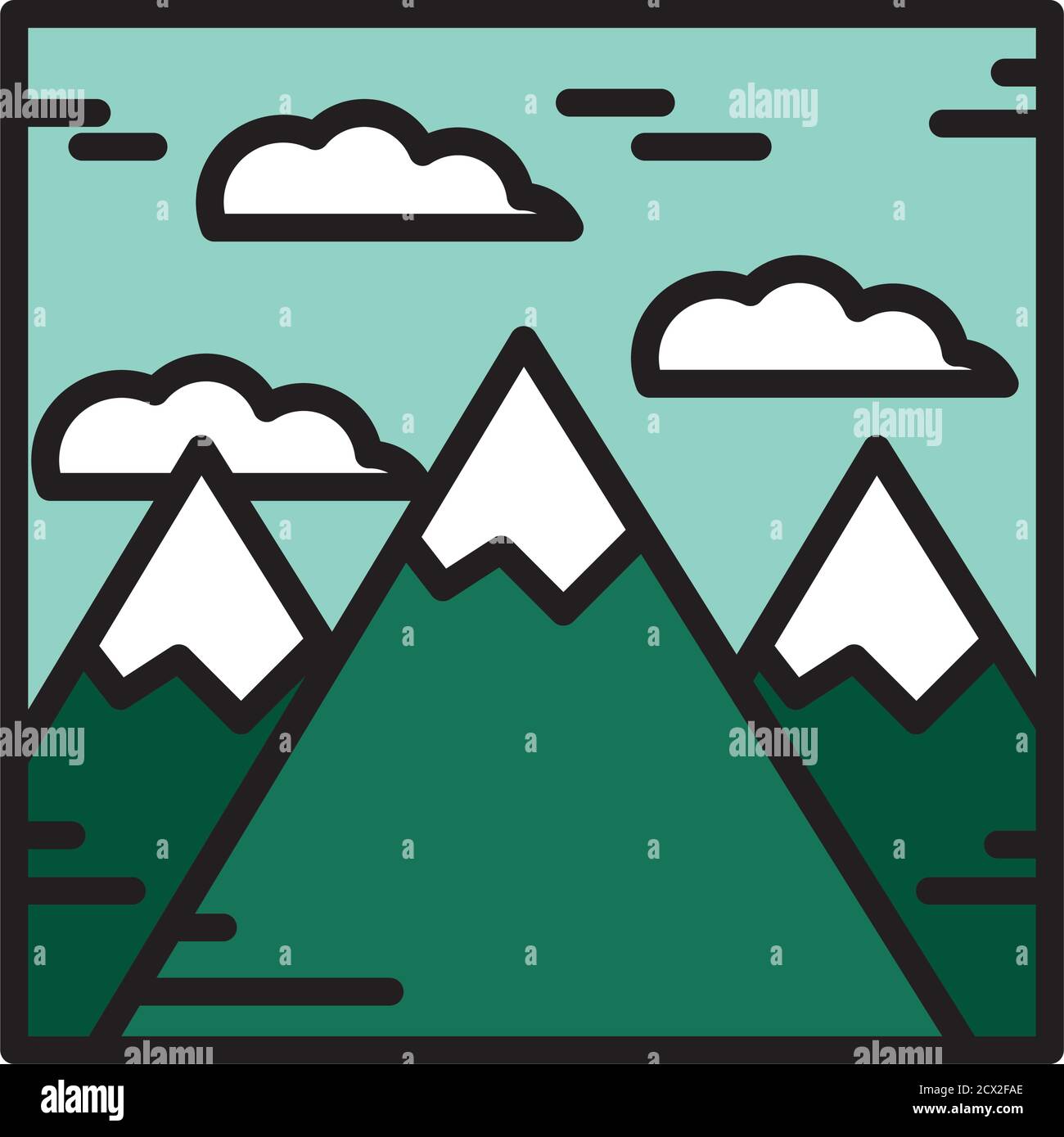 landscape mountains peak alps snow nature cartoon line and fill style ...