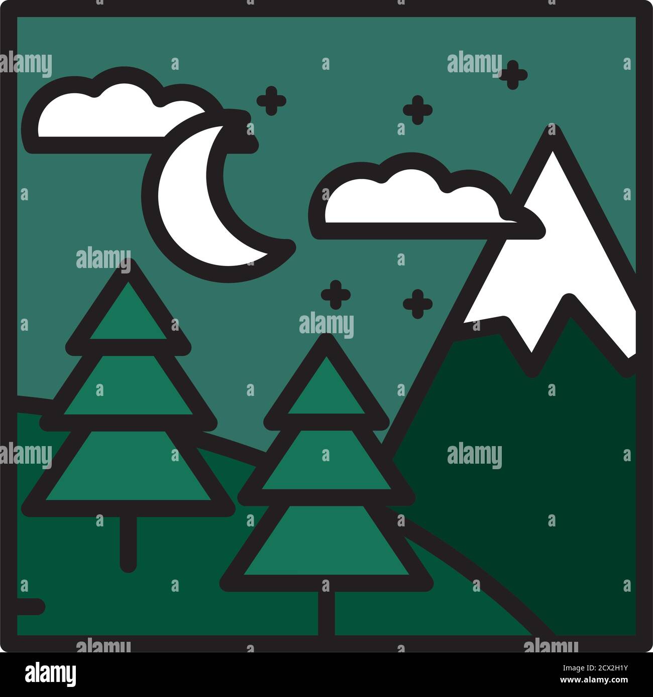landscape mountain pine trees night moon sky nature scene line and fill ...