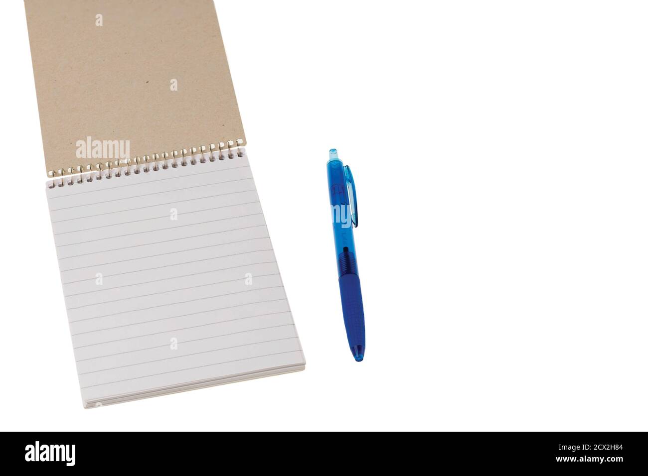 Close up view notepad and pen isolated on white background. School ...