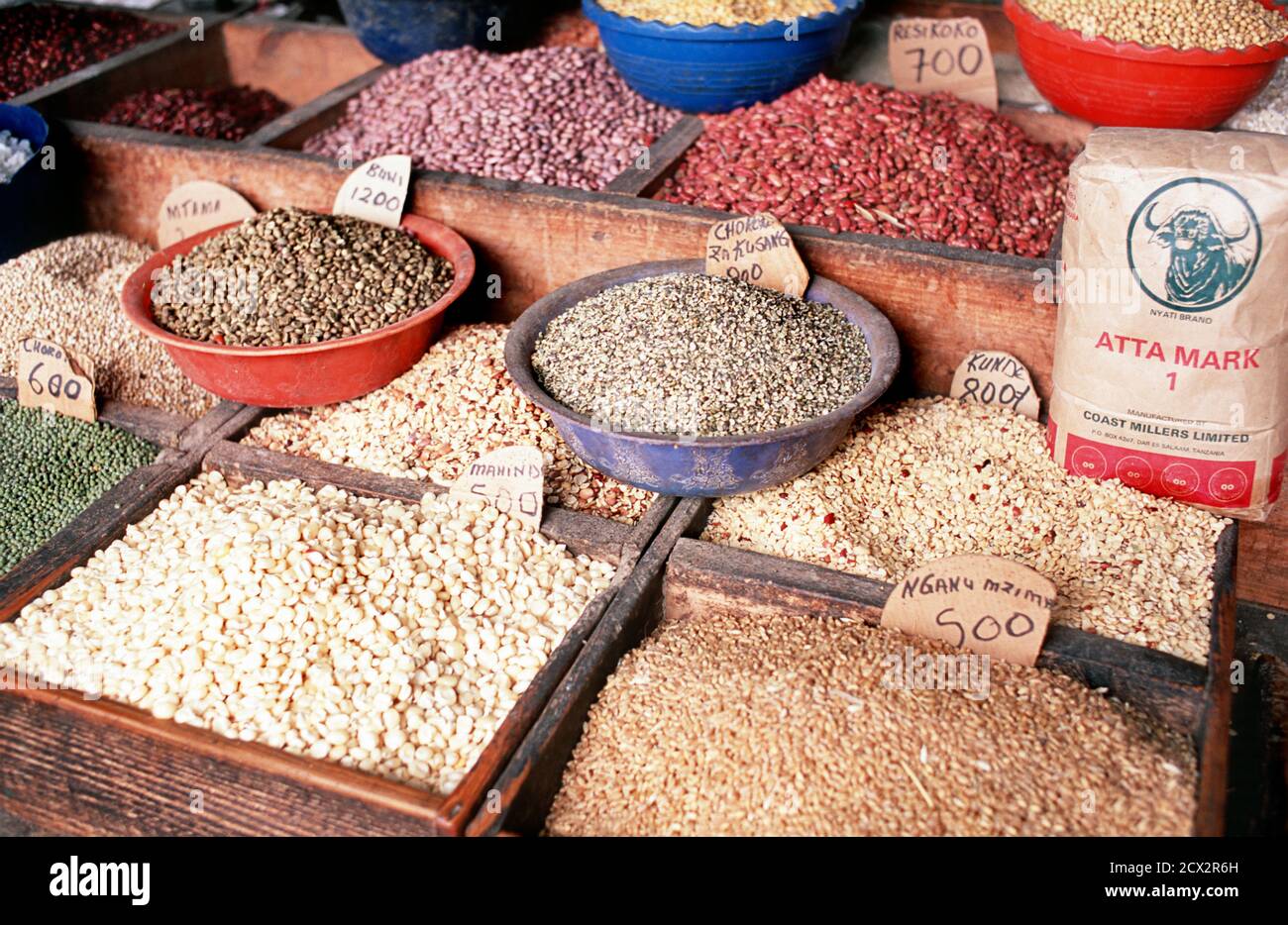 Grain and spices for sale at market, Stone Town, Zanzibar, Tanzania ...