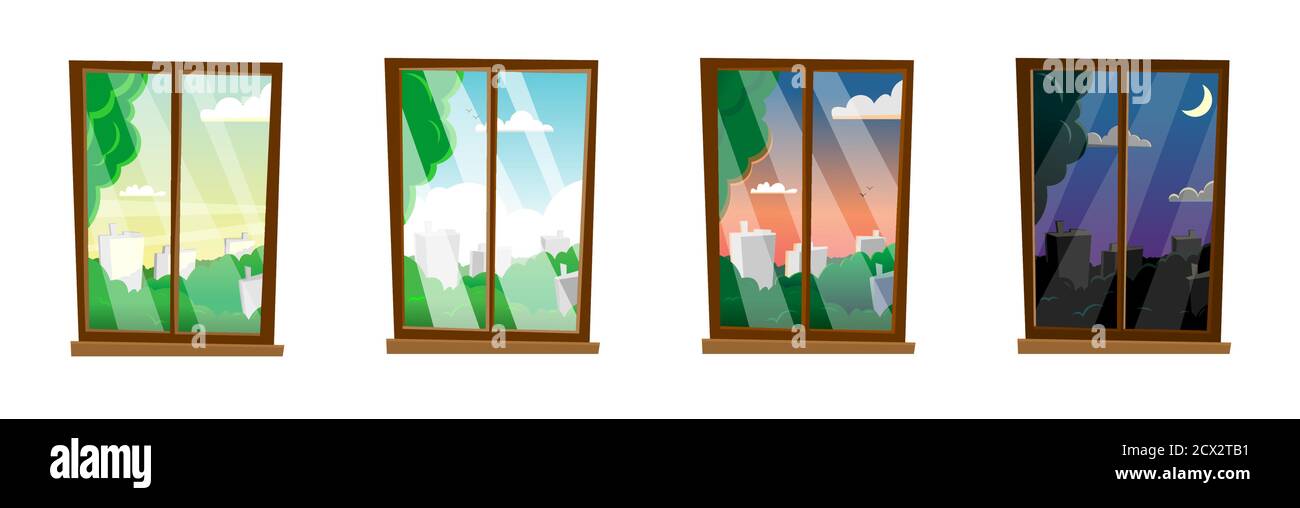 Windows with different times of day, summer, landscape. Morning, day ...