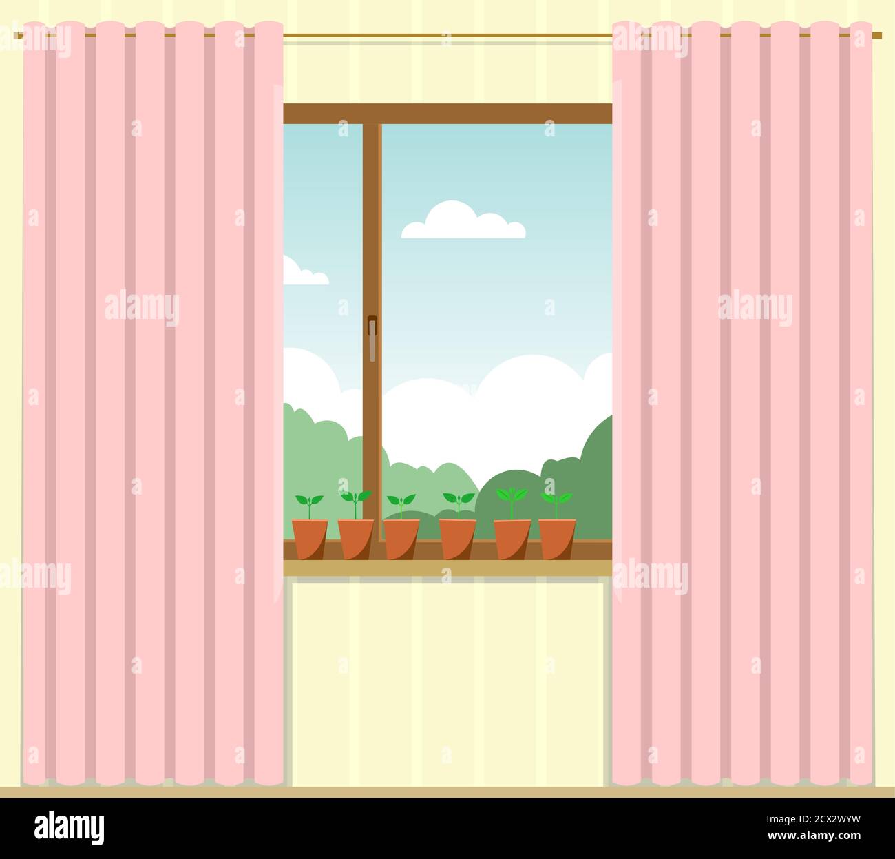 Vector image of a window with curtains in the living room. Seedlings or ...