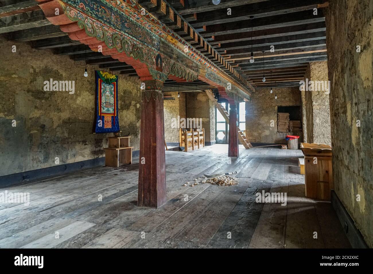 Interior of a traditional Bhutanese Buddhist monastery in Paro, Bhutan ...