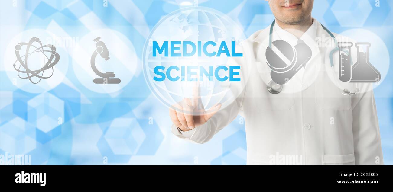 Medical Research Concept - Doctor points at MEDICAL SCIENCE with icons ...