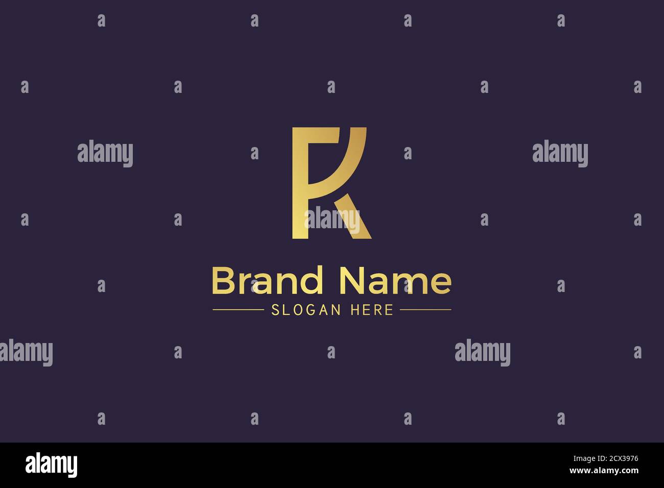 Combination of letter R and K golden logo isolated on purple background ...