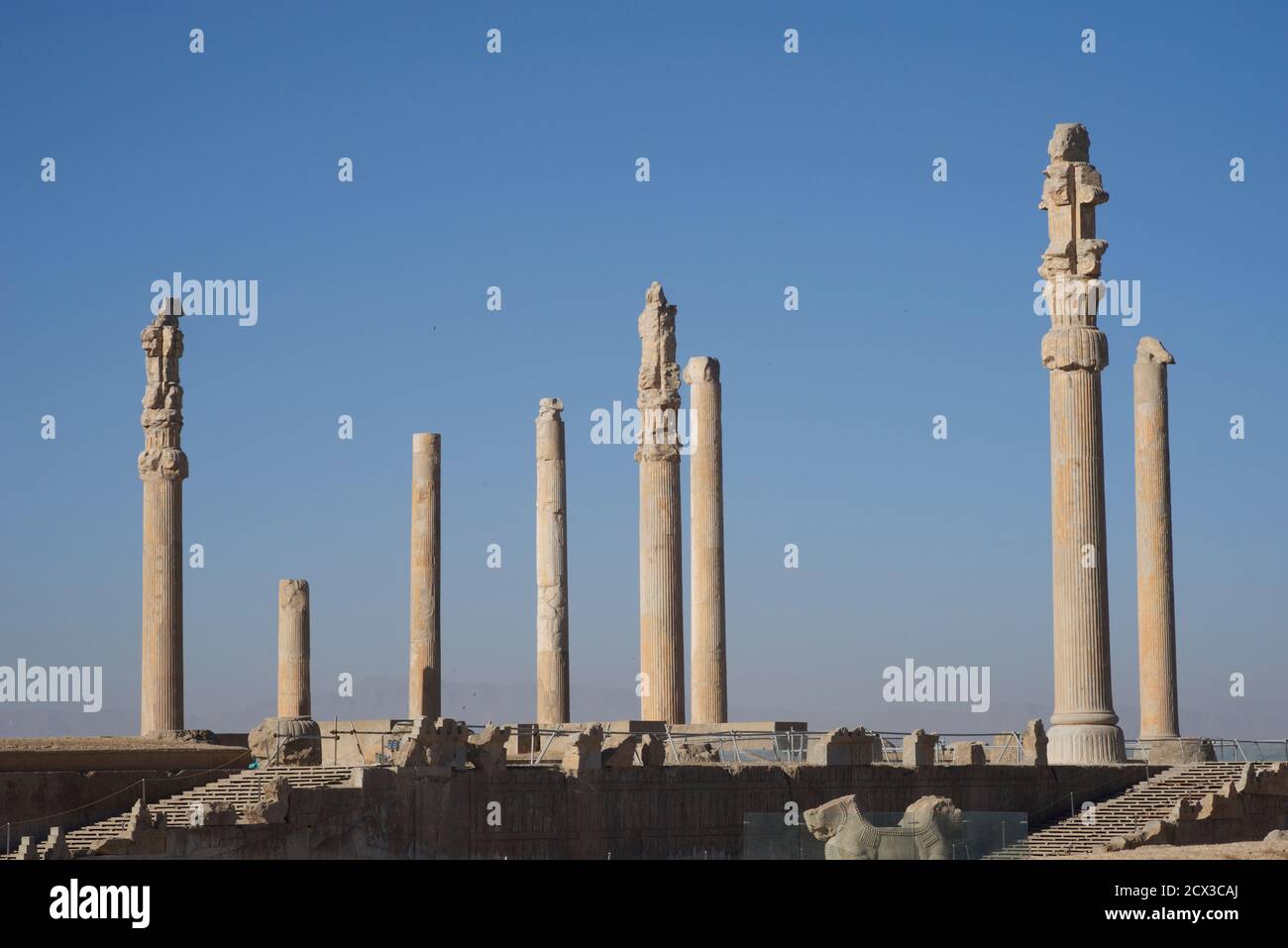 Capital of carved Achaemenid columns at the archaeological site of ...