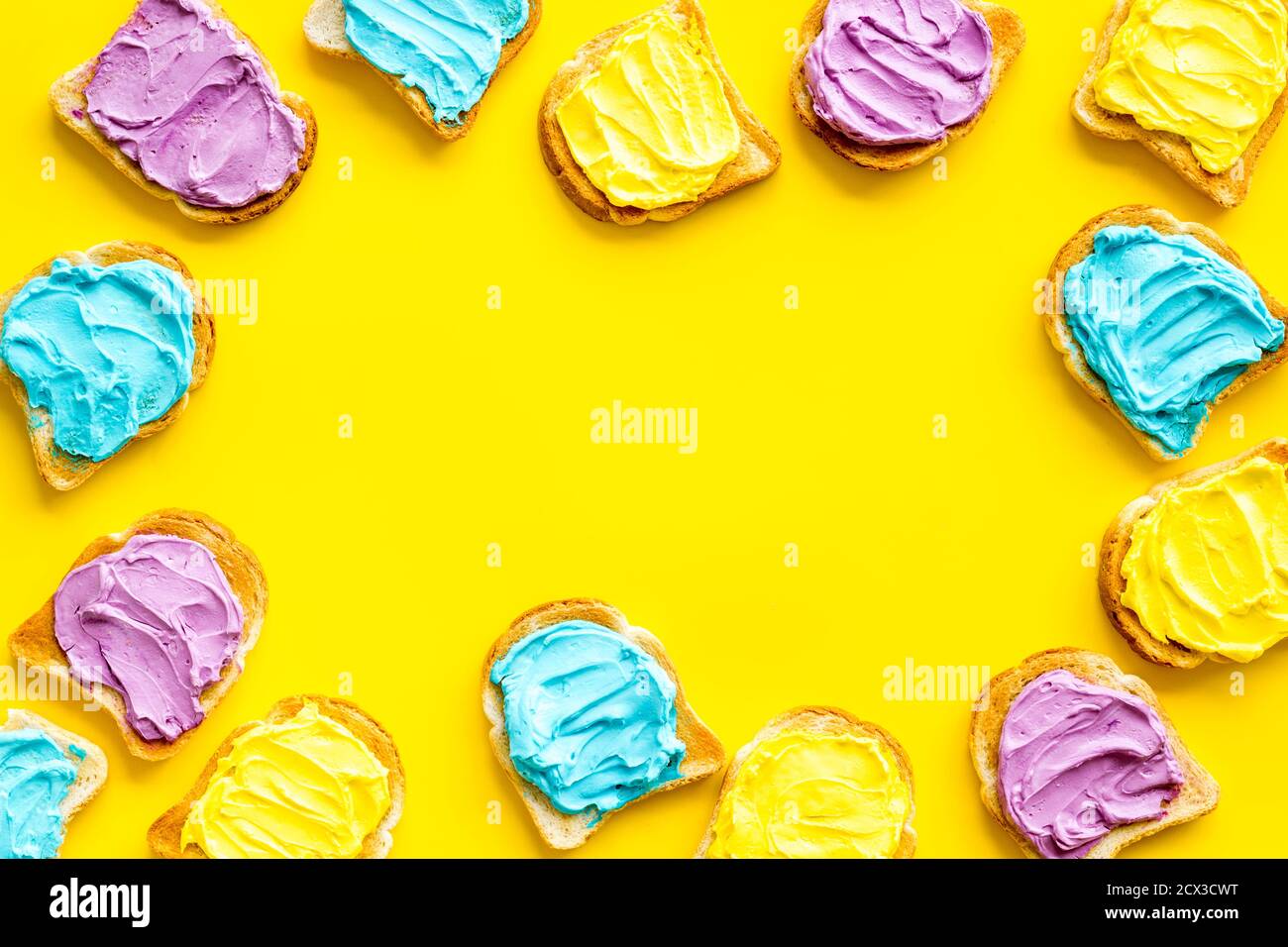 Frame of cheese spread toast bread. Food background, top view Stock ...