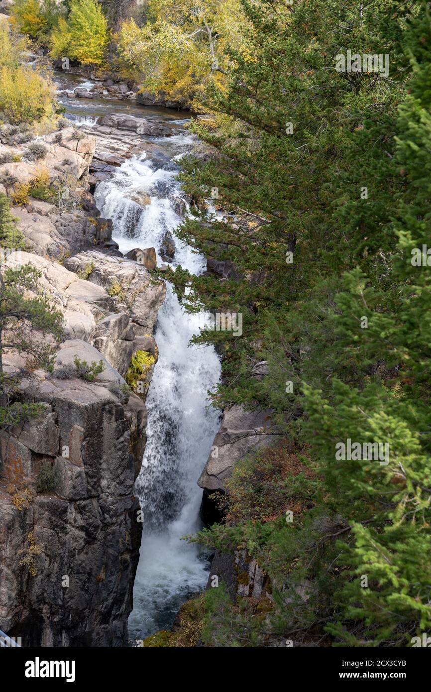 Shell Falls waterfall, in the Bighorn National Forest along US Highway ...