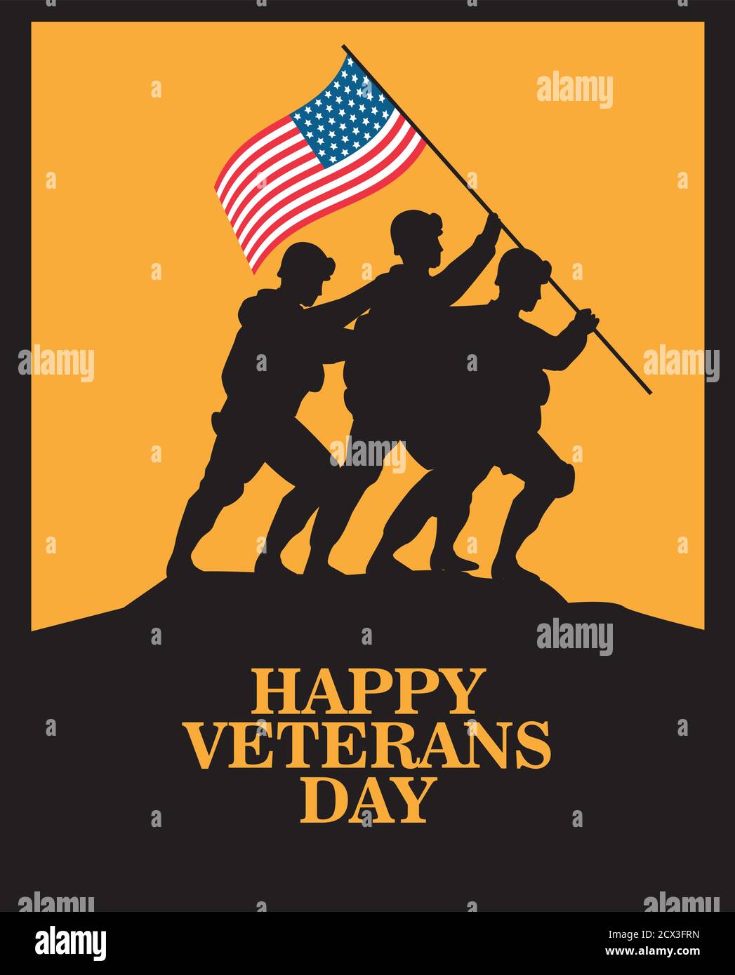 happy veterans day celebration with soldiers lifting usa flag in pole ...