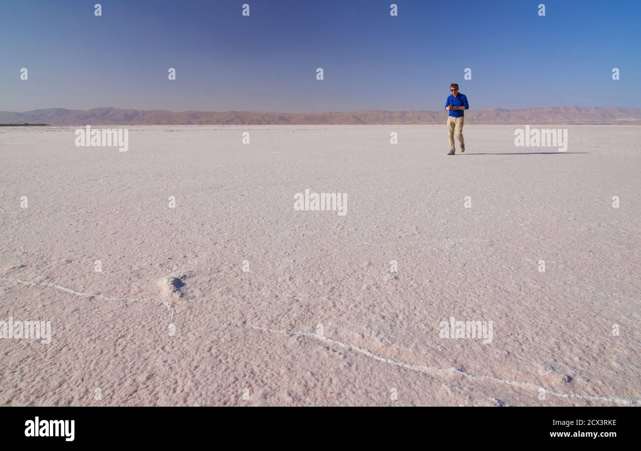 White salt desert backdrop. Maharlu Lake is a seasonal salt lake ...