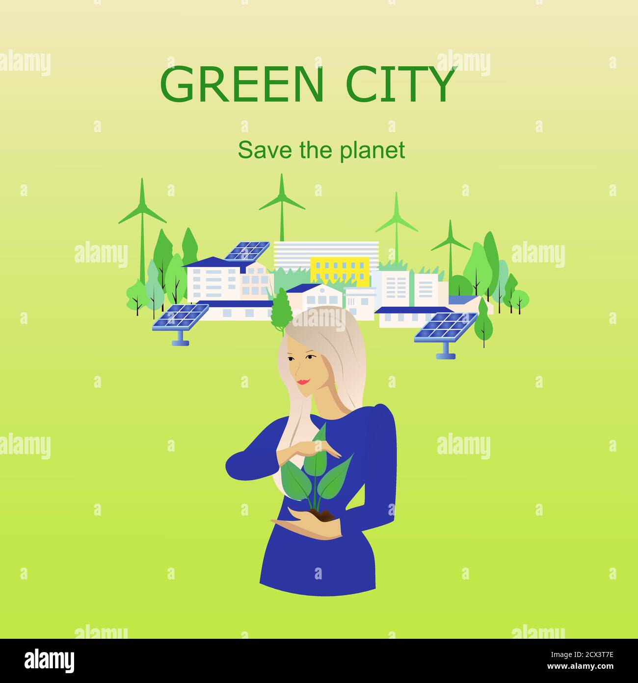 Illustarion of eco friendly future town using green energy. Houses and ...