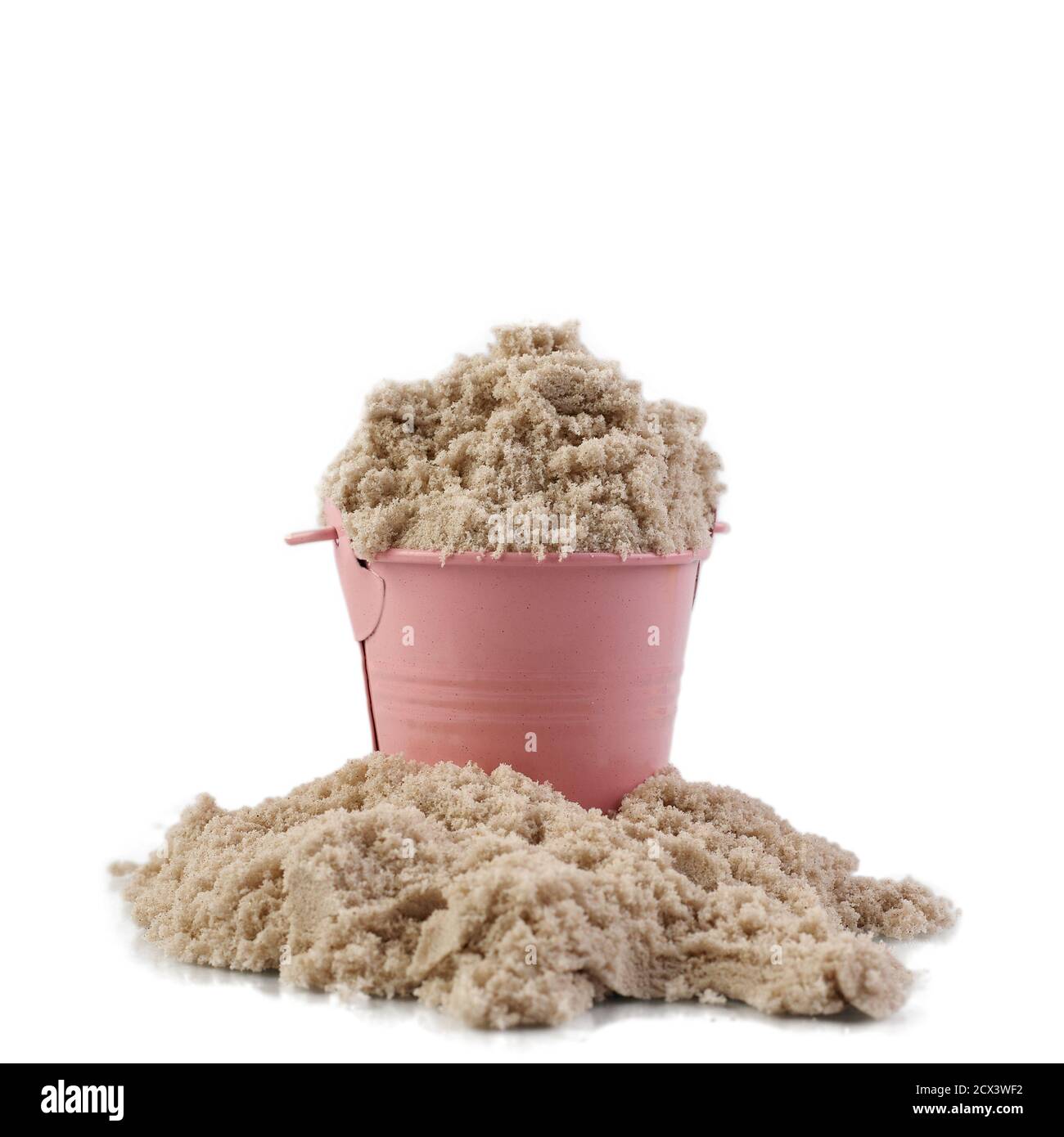 Bucket and sand isolated on white background. Decorative small pink ...