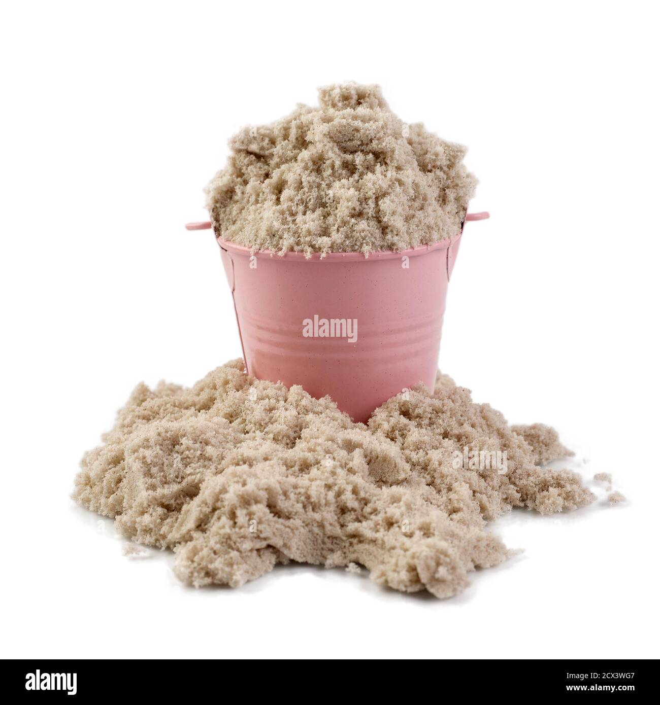 Bucket and sand isolated on white background. Decorative small pink ...