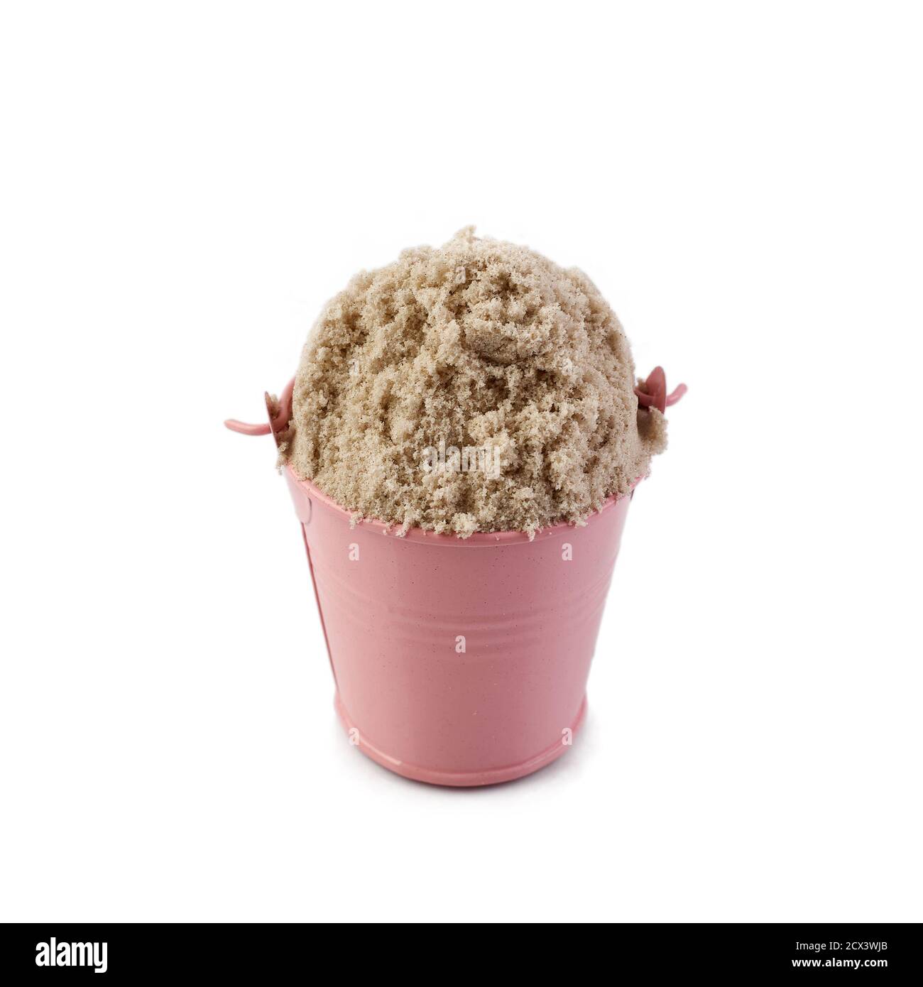 Bucket and sand isolated on white background. Decorative small pink ...