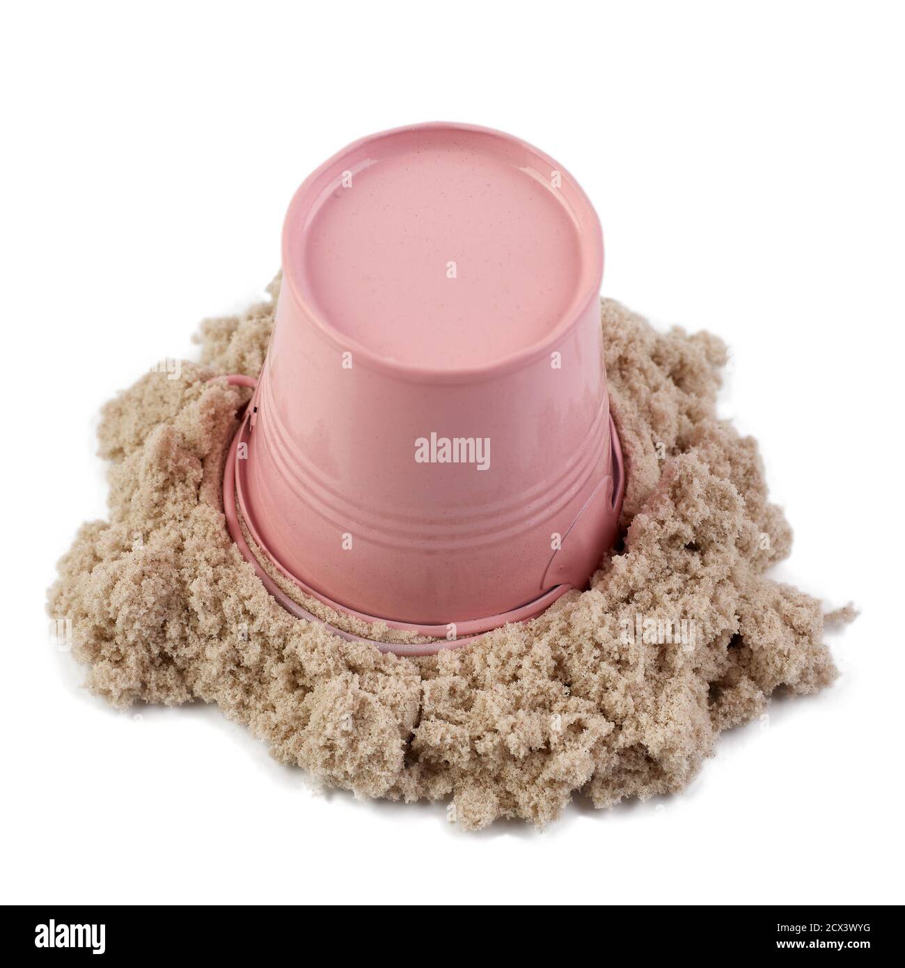Bucket and sand isolated on white background. Decorative small pink ...