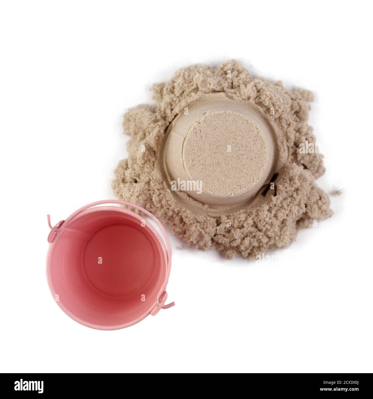 Bucket and sand isolated on white background. Decorative small pink ...