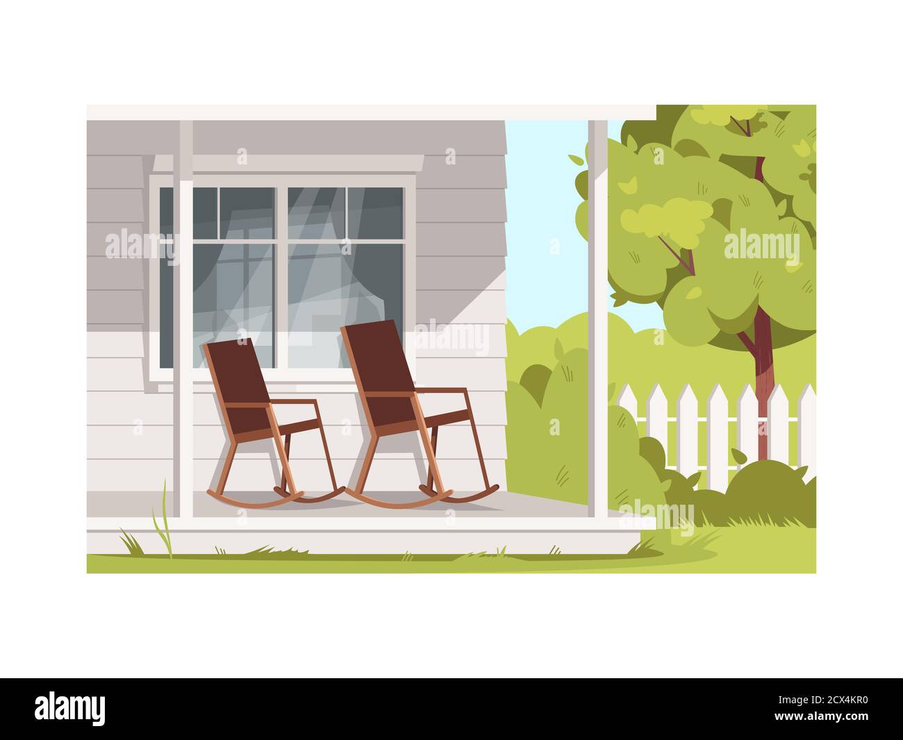 Empty armchairs on villa patio semi flat vector illustration. Rural ...
