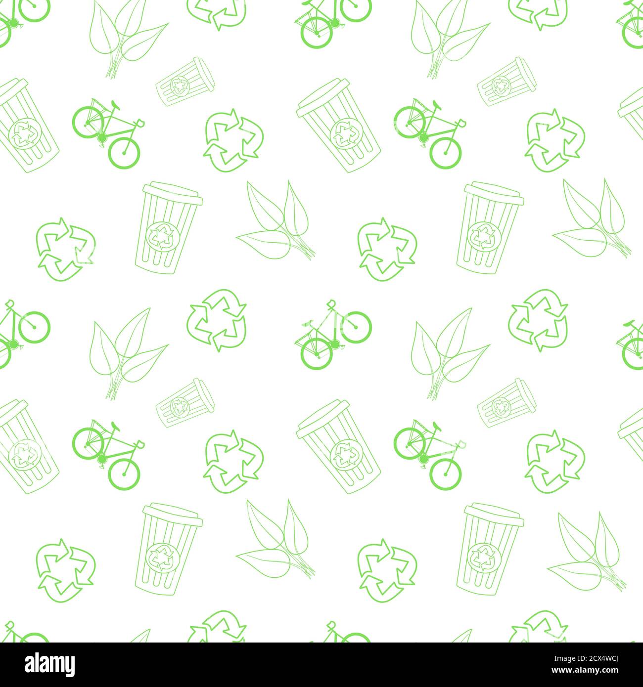 Seamless pattern of recycle sign, bicycle, waste can, leaf in green ...
