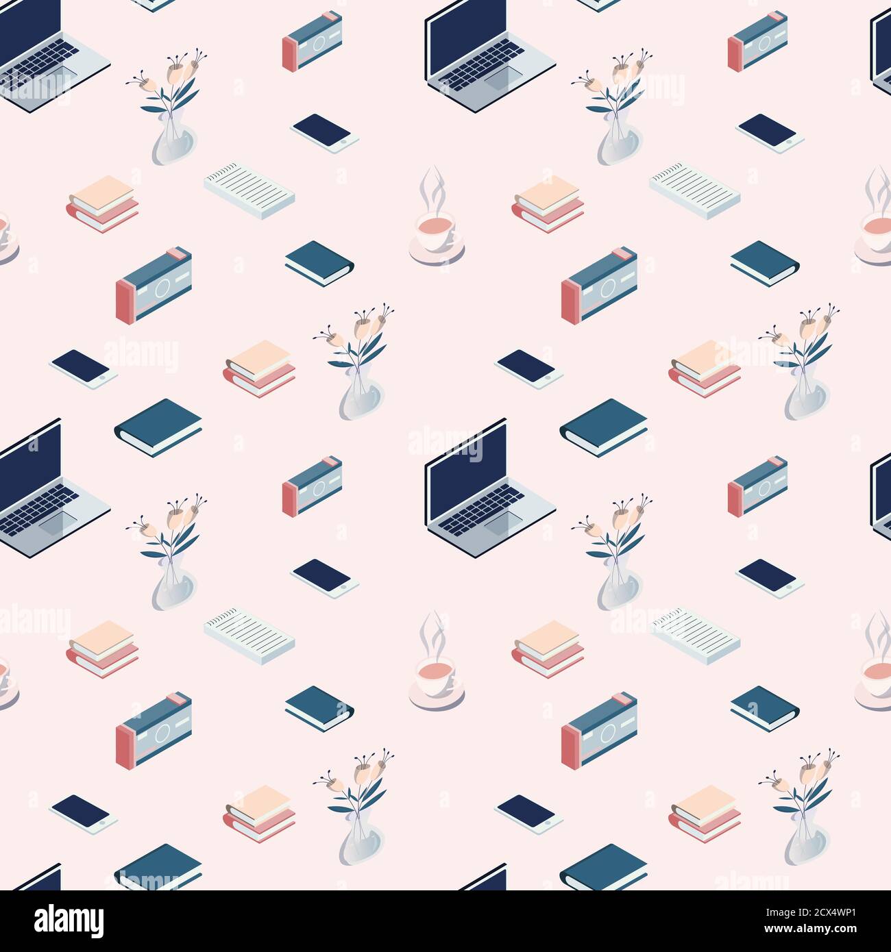 Seamless pattern of Isomertic laptop, phone, book, notebook, camera ...