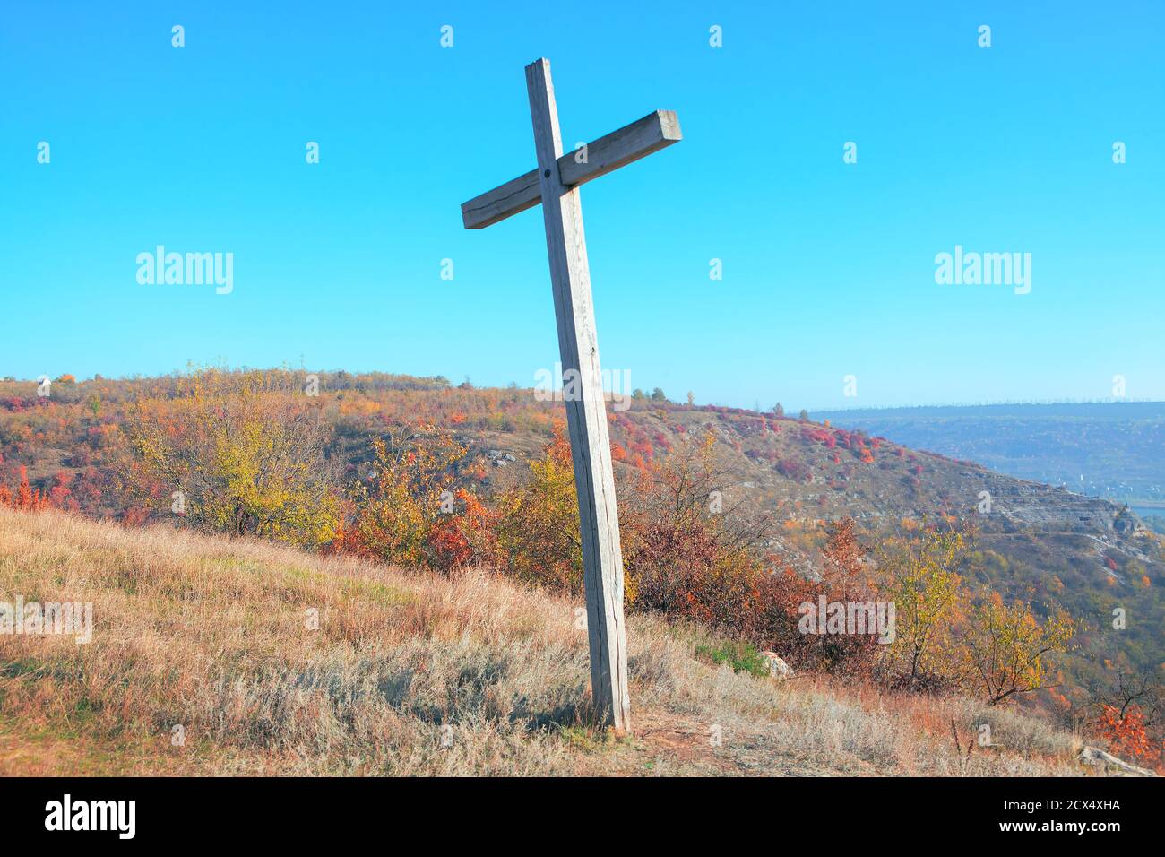 Autumn scenery with wooden cross on the hill Stock Photo - Alamy