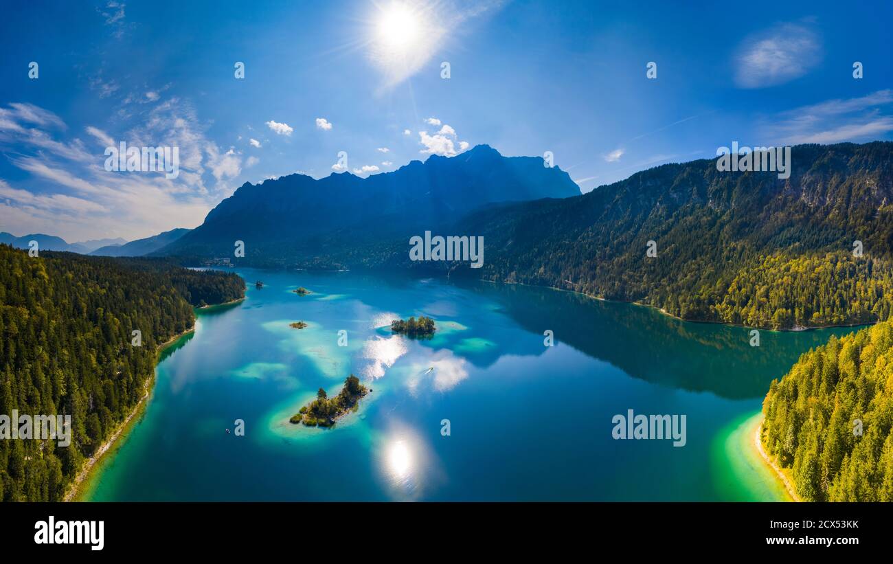 Aerial view of Eibsee lake with Zugspitze mountain in background Stock ...