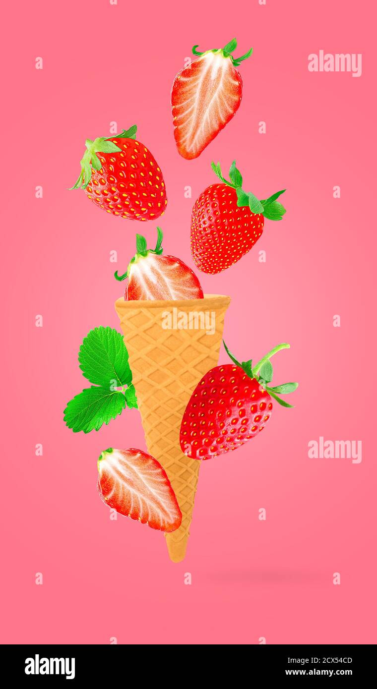 ice cream cones with fresh fruits falling in motion Stock Photo - Alamy